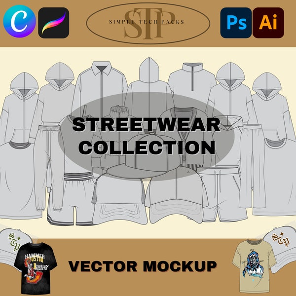 Streetwear Vector Bundle Vector Tech Pack Illustrator Template Mockup ...