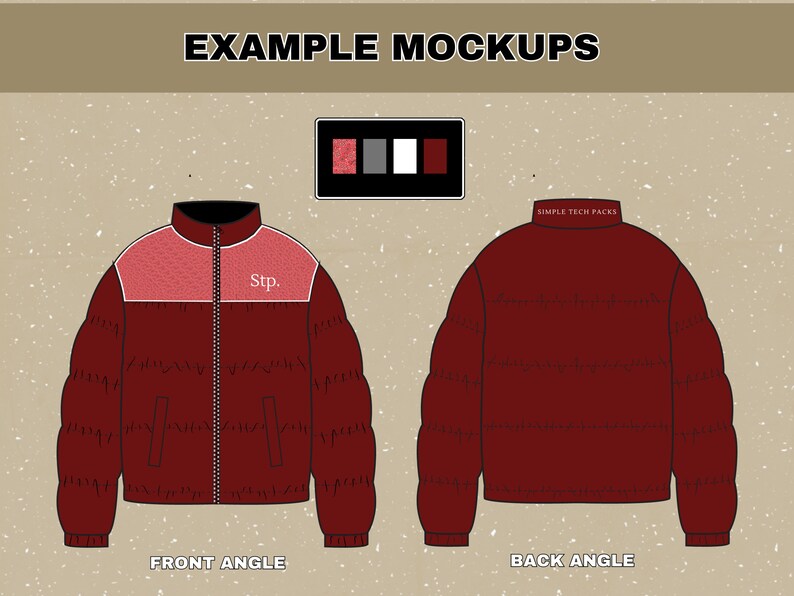 Streetwear Puffer Jacket Tech Pack Mockup, Clothing Design Vector ...