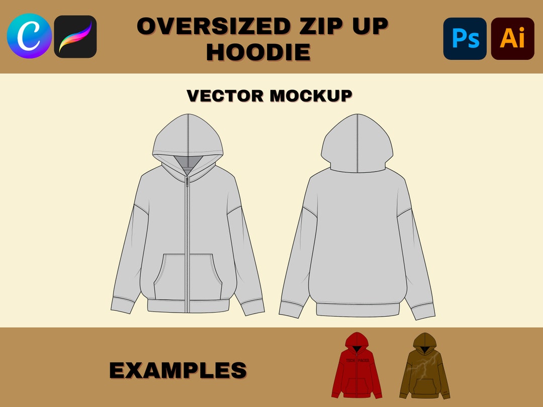 Zip up Hoodie Mockup Illustrator Template, Apparel Tech Pack Clothing ...