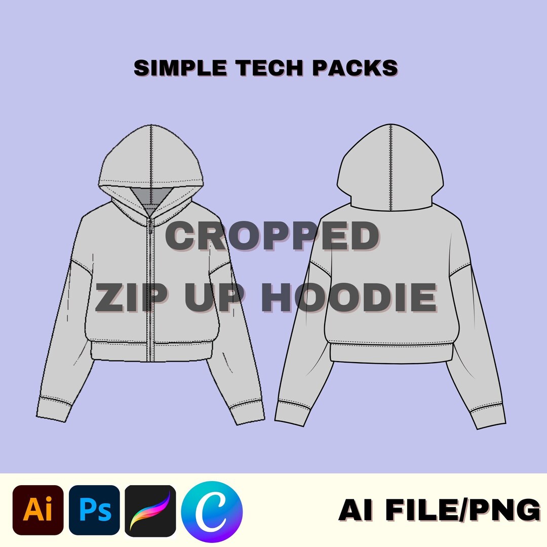 HOODIE Mockup, TECH PACK, Zip up Hoodie, Illustrator Template, Apparel ...