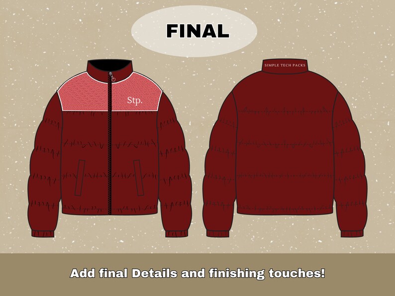 Streetwear Puffer Jacket Tech Pack Mockup, Clothing Design Vector ...