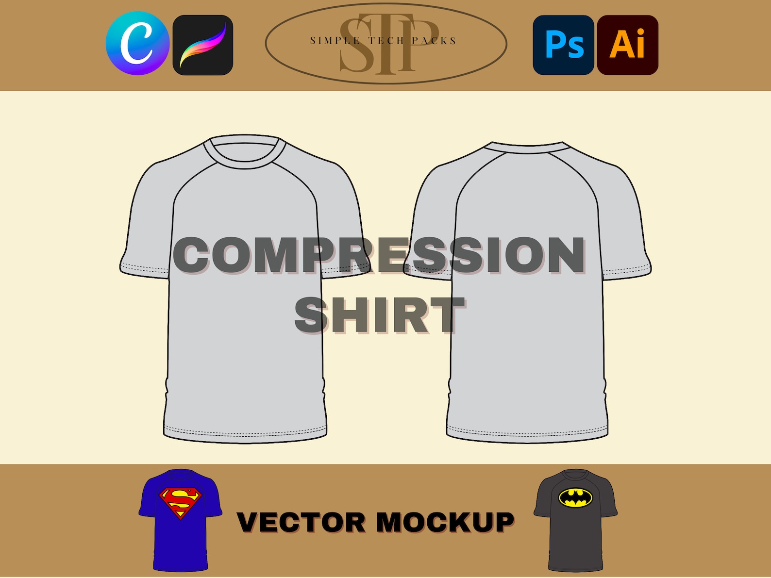 Compression T-shirt Streetwear Mockup Techpack, Athletic Shirt Adobe ...
