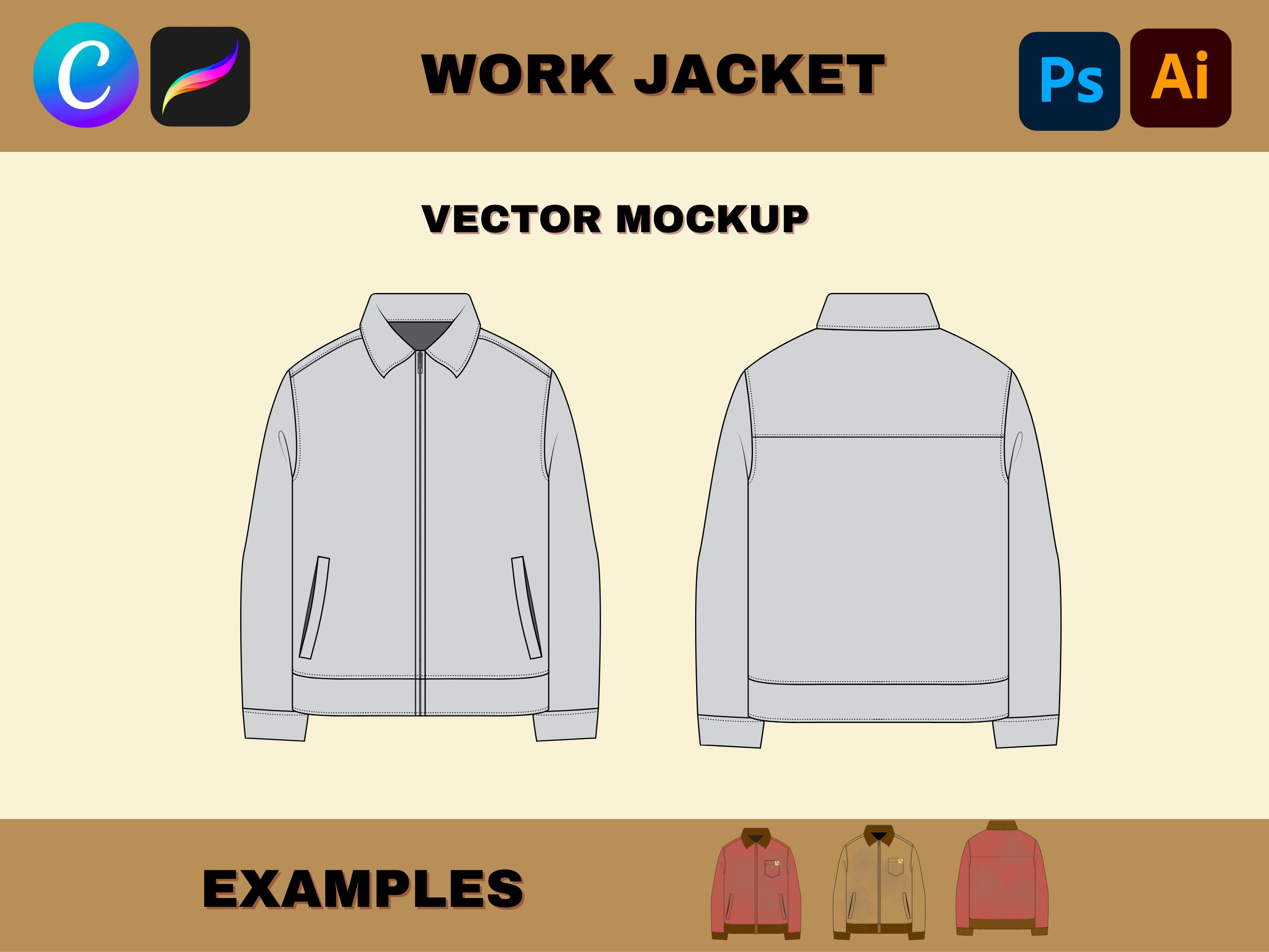 Zip up JACKET, WORK Jacket, Long Sleeve MOCKUP, Tech Pack, Work Clothes ...