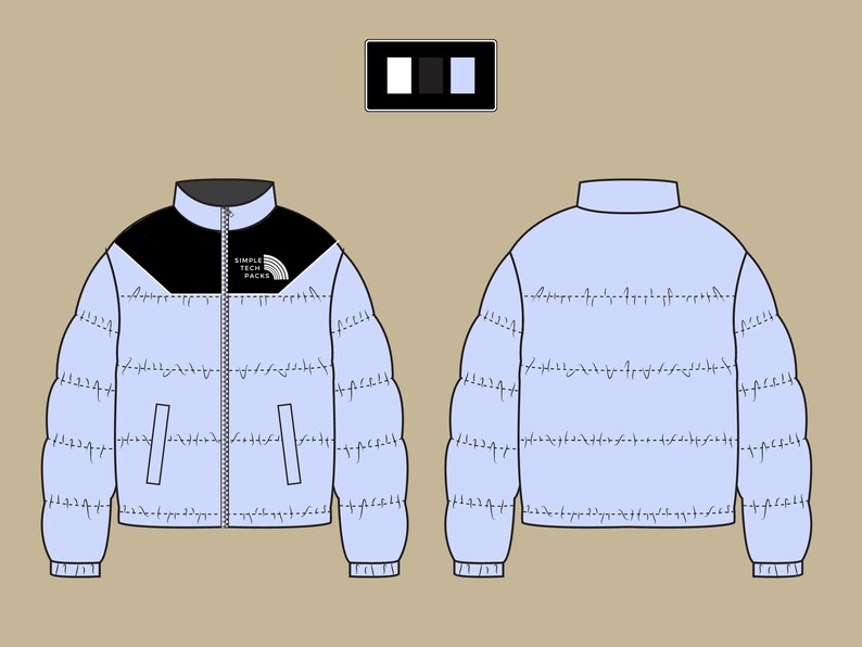Streetwear Puffer Jacket Tech Pack Mockup, Clothing Design Vector ...