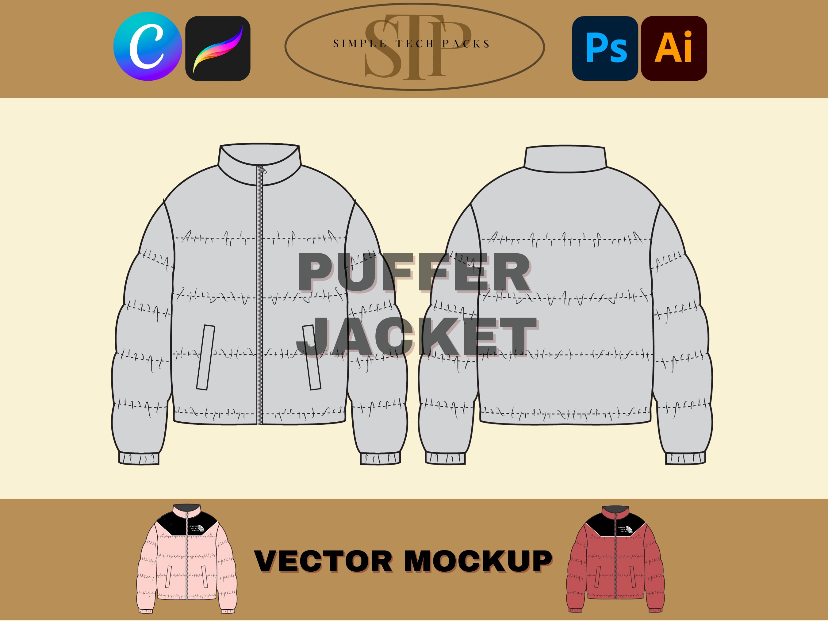 Streetwear Puffer Jacket Tech Pack Mockup, Clothing Design Vector ...
