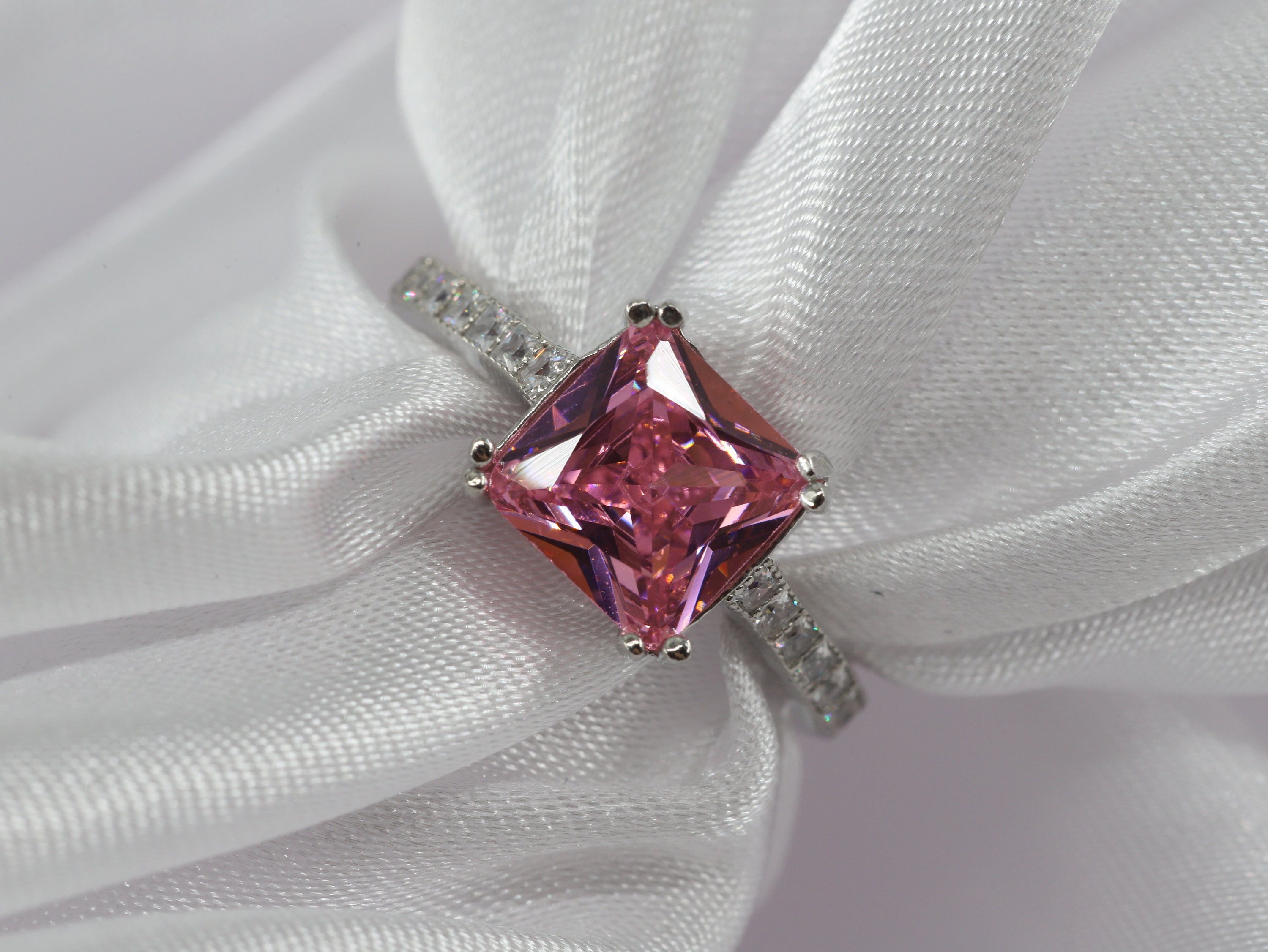 Pink Quartz Ring, Art Deco Ring, Princess Cut Pink Ring, Sterling Silver Ring, Square Cutting ...