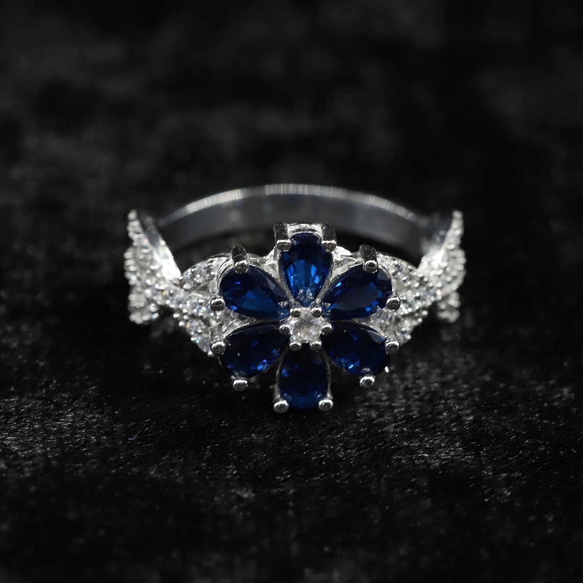 Navy Blue Lotus Flower Ring Dark Blue Ring Eda Yildiz Ring Sterling Silver Women Jewellery ...