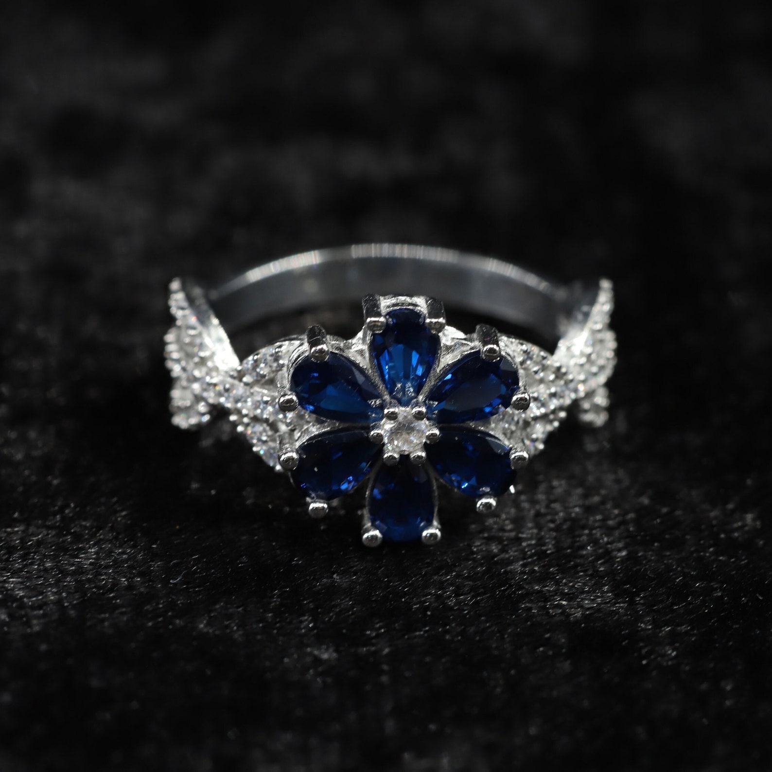 Navy Blue Lotus Flower Ring Dark Blue Ring Eda Yildiz Ring Sterling ...