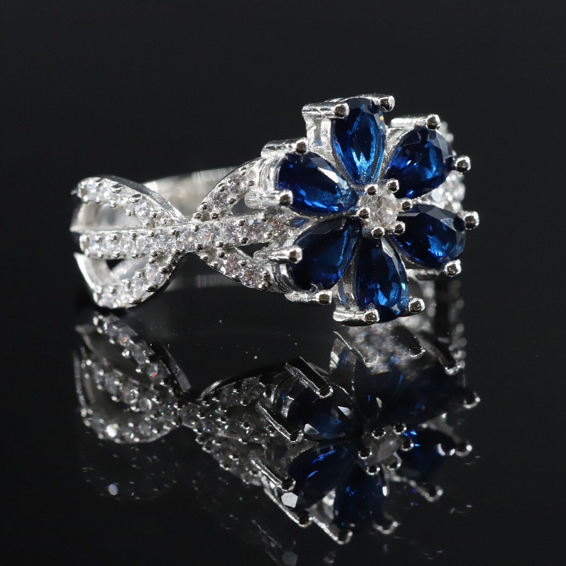 Navy Blue Lotus Flower Ring Dark Blue Ring Eda Yildiz Ring Sterling ...