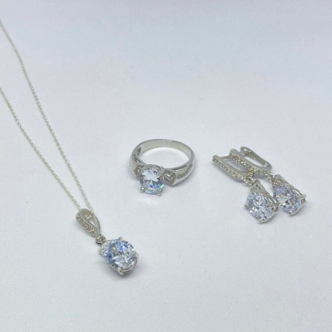 White Solitaire Ring Silver Jewellery Set - Ring Necklace Earrings ...
