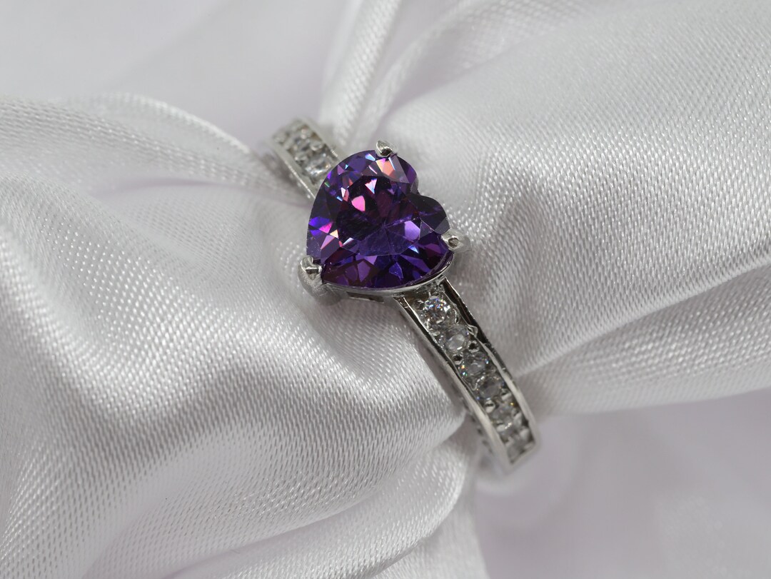 Purple Heart Cut Silver Engagement Ring, Silver Amethyst Ring, Heart ...