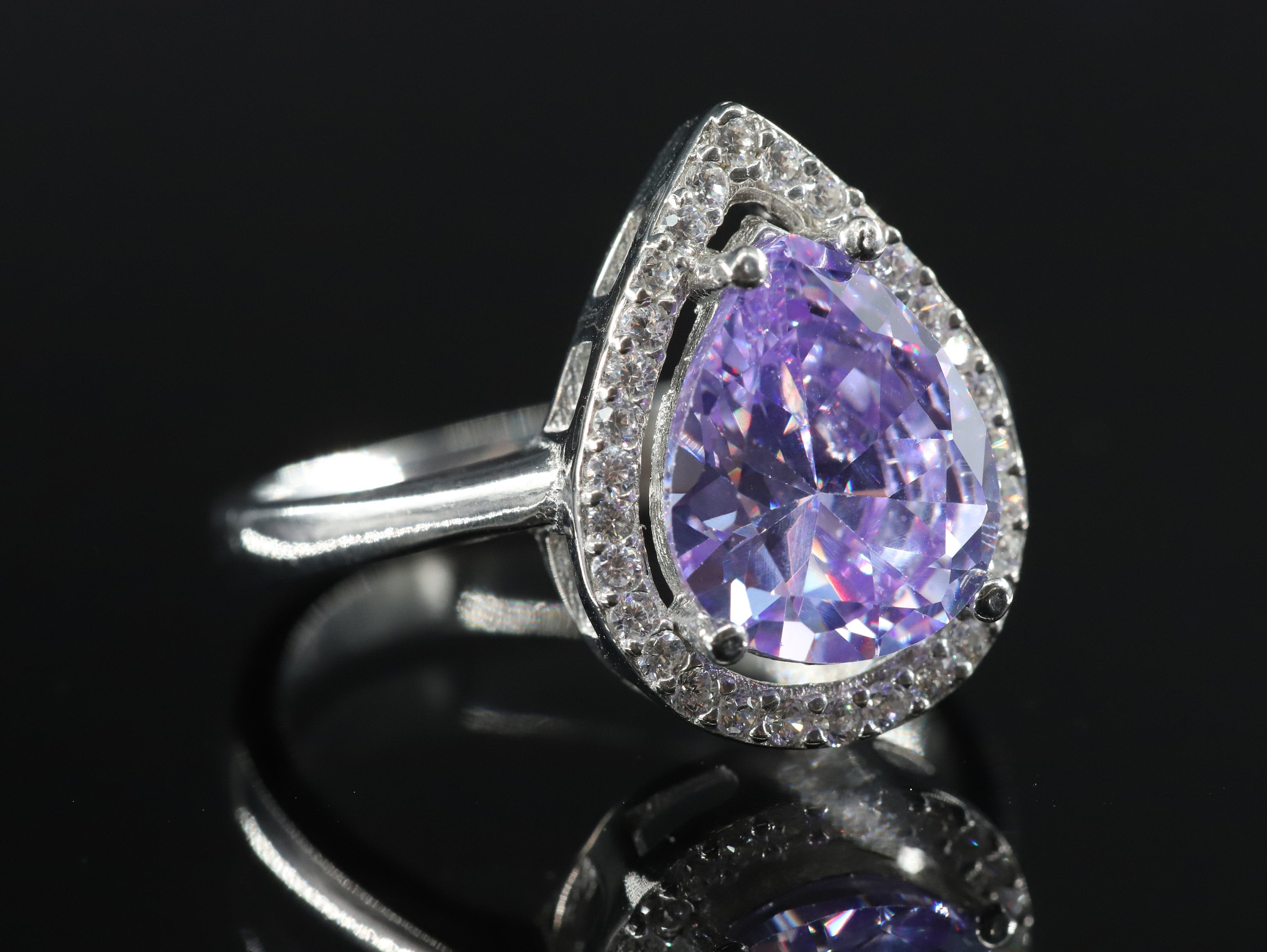 Tear Drop Silver Engagement Ring With Lilac Stone, Dainty Pear Cut, 925 ...