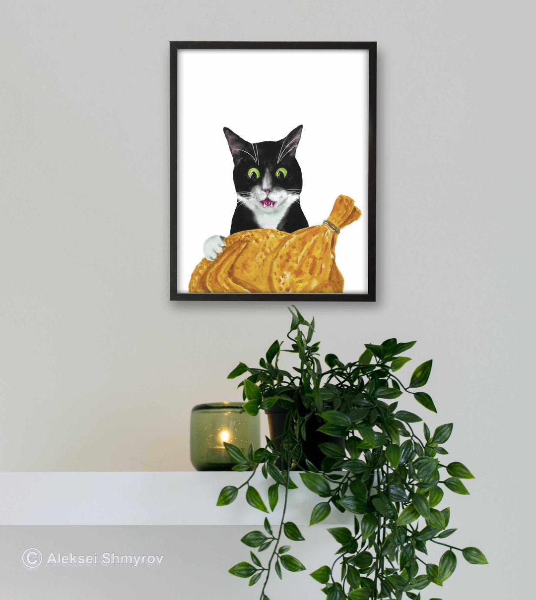 Tuxedo Cat and Chicken Print, Printable Cat Decor, Cat Art, Funny Cat ...