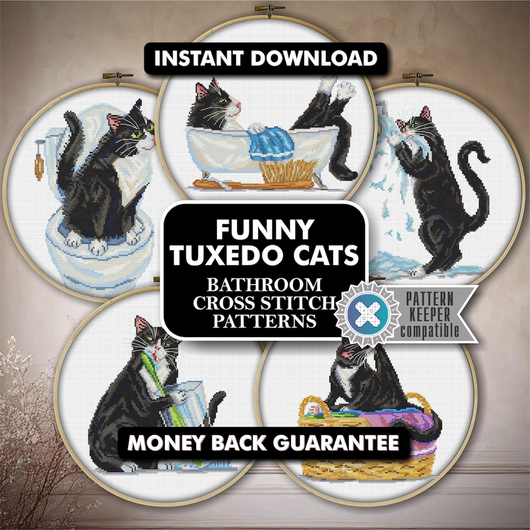 Funny Tuxedo Cat Bathroom Cross Stitch Pattern Set (5 Designs) | DMC ...