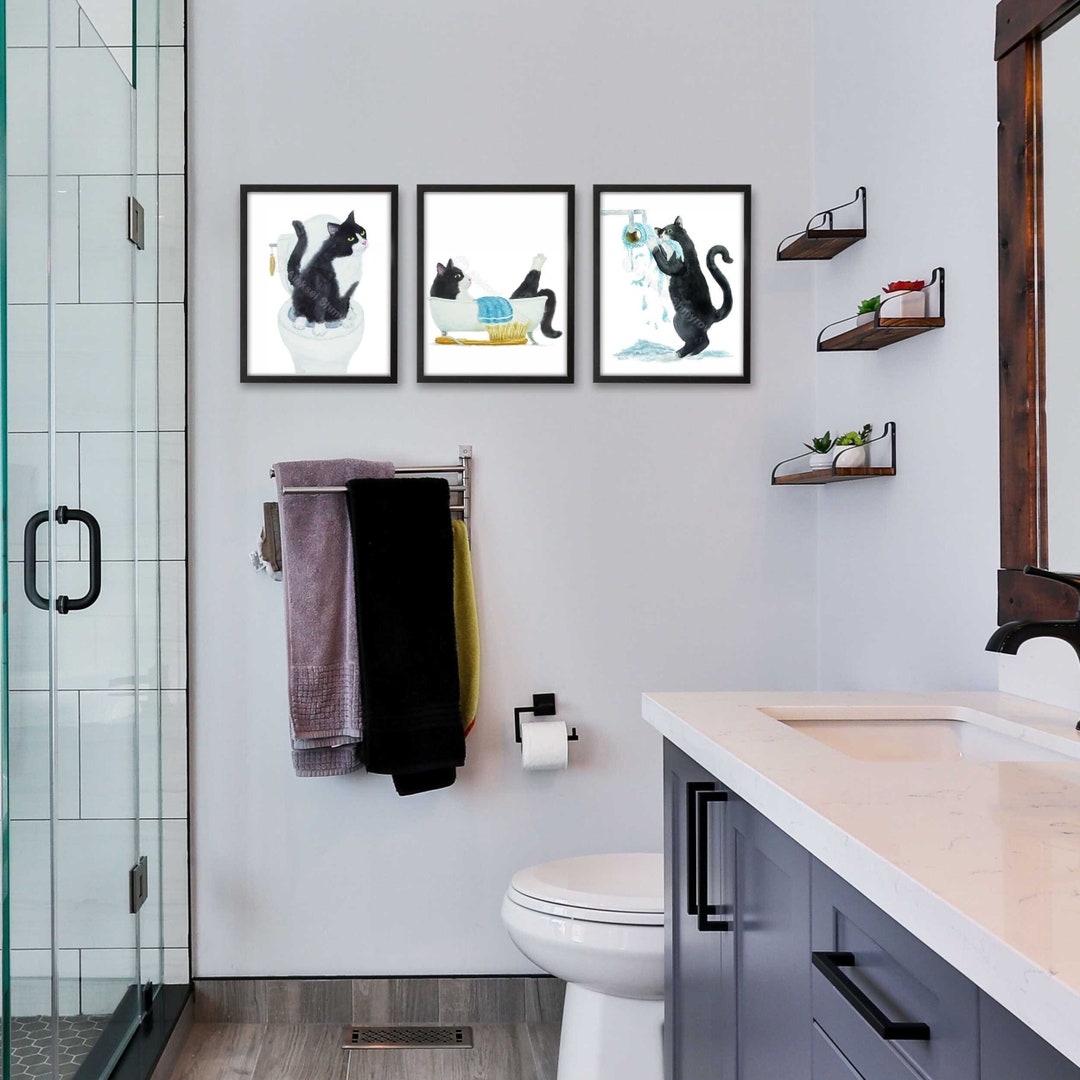 Bathroom Tuxedo Cat Print Set of 3, Printable Cat Decor, Cat Art, Funny ...