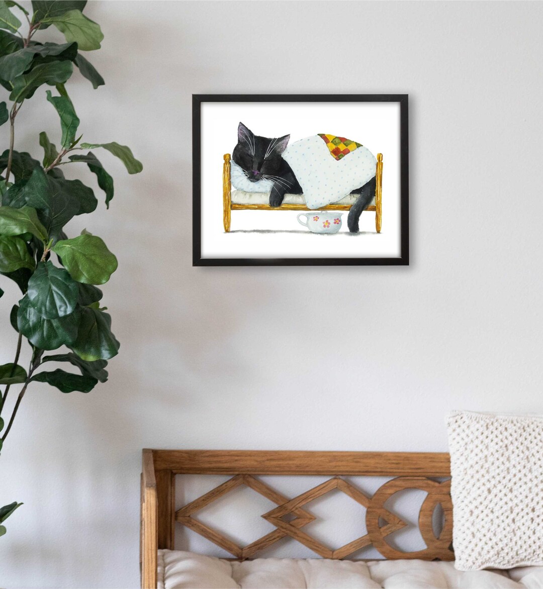Napping Black Cat Art Print, Cat Decor, Printable Wall Art, Funny Cat ...