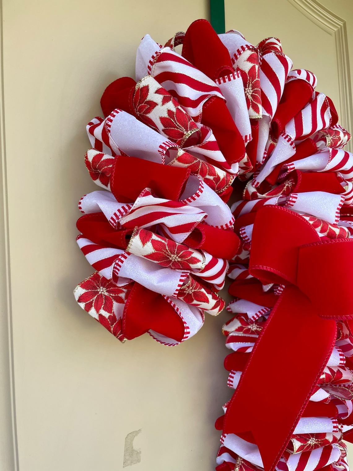 Candy Cane Ribbon Wreath for Front Door, Red and White Christmas Wreath ...