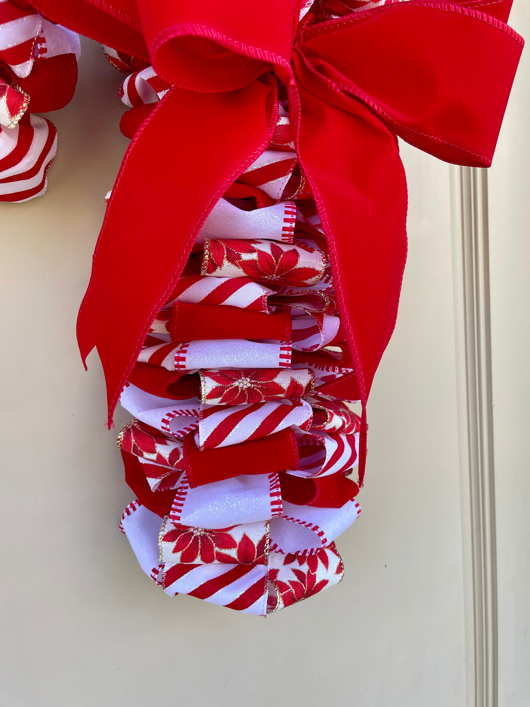 Candy Cane Ribbon Wreath for Front Door, Red and White Christmas Wreath ...
