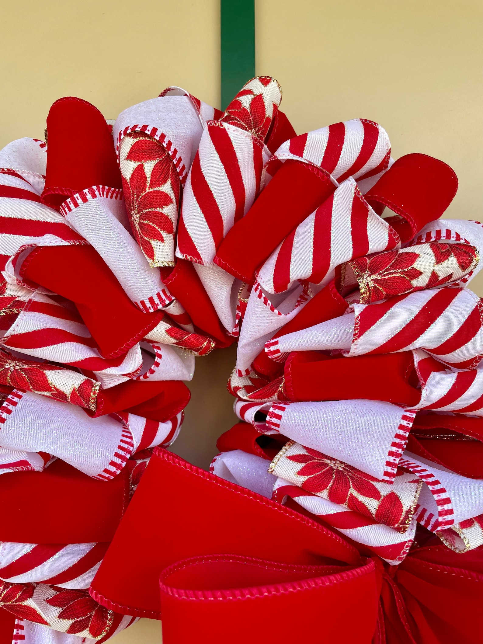 Candy Cane Ribbon Wreath for Front Door, Red and White Christmas Wreath ...