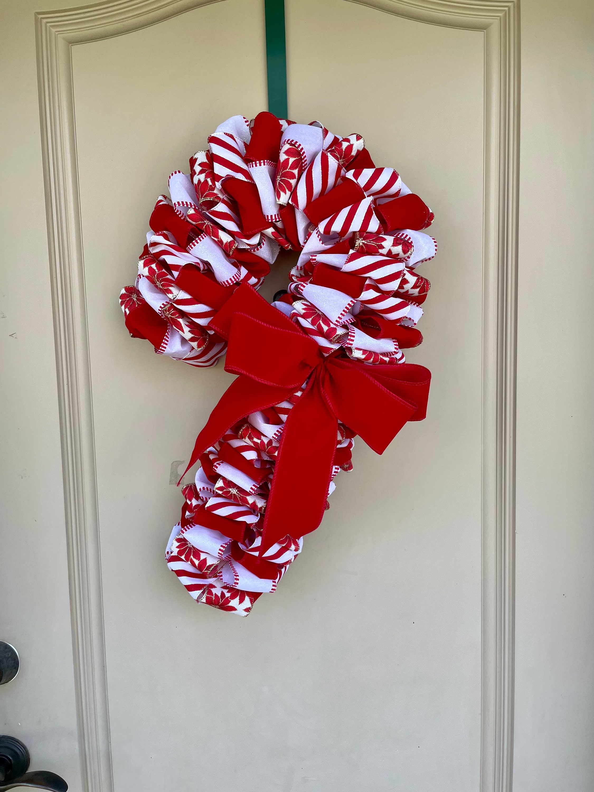 Candy Cane Ribbon Wreath for Front Door, Red and White Christmas Wreath ...