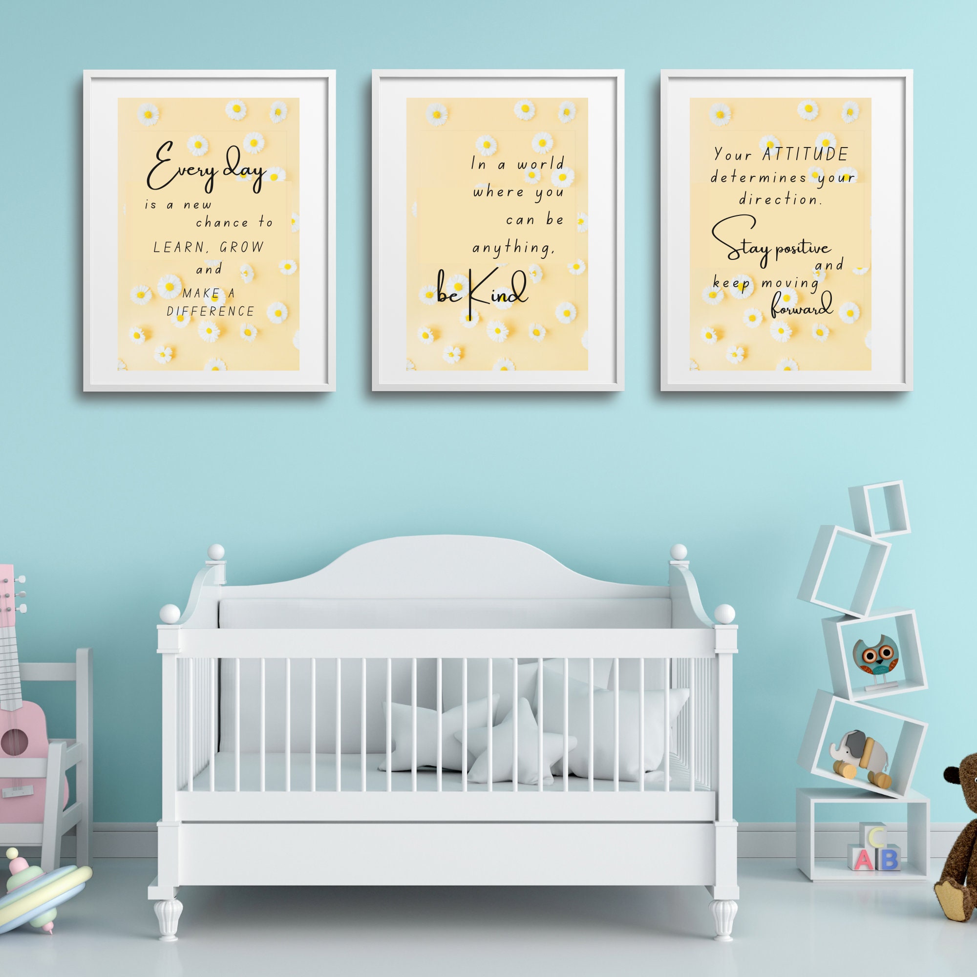 3 Piece Motivational Daisy Wall Art, Kids Room Decor, Affirmation for ...