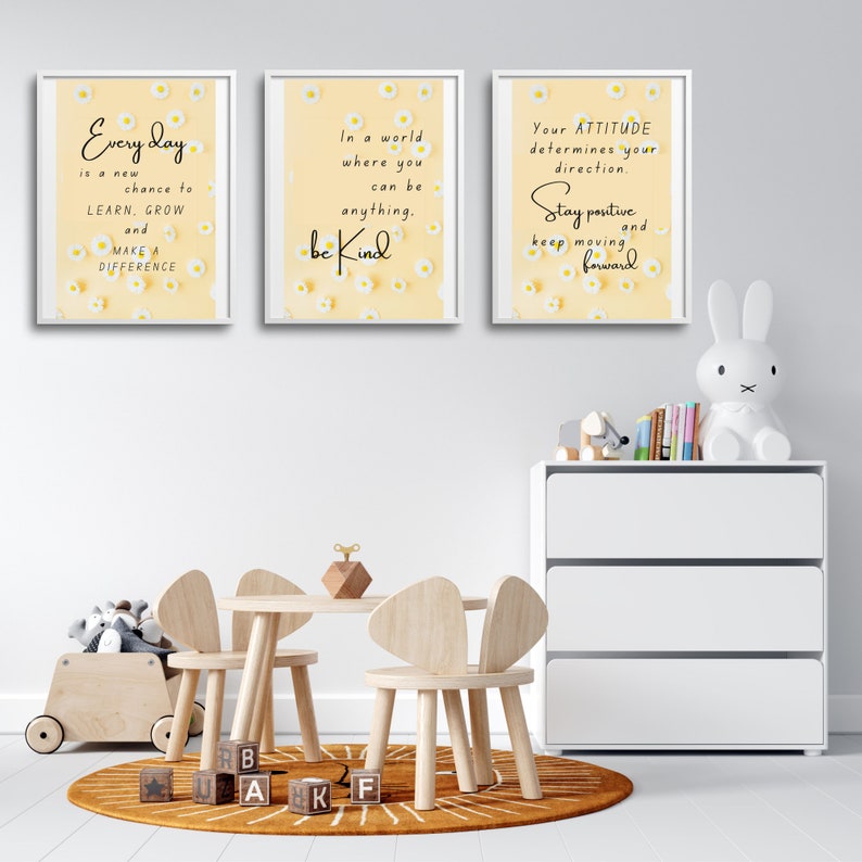 3 Piece Motivational Daisy Wall Art, Kids Room Decor, Affirmation for ...