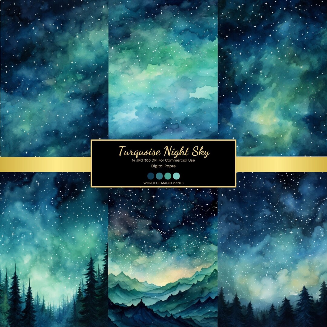 Night Sky Digital Paper, Watercolor Turquoise Night Sky Landscape ...