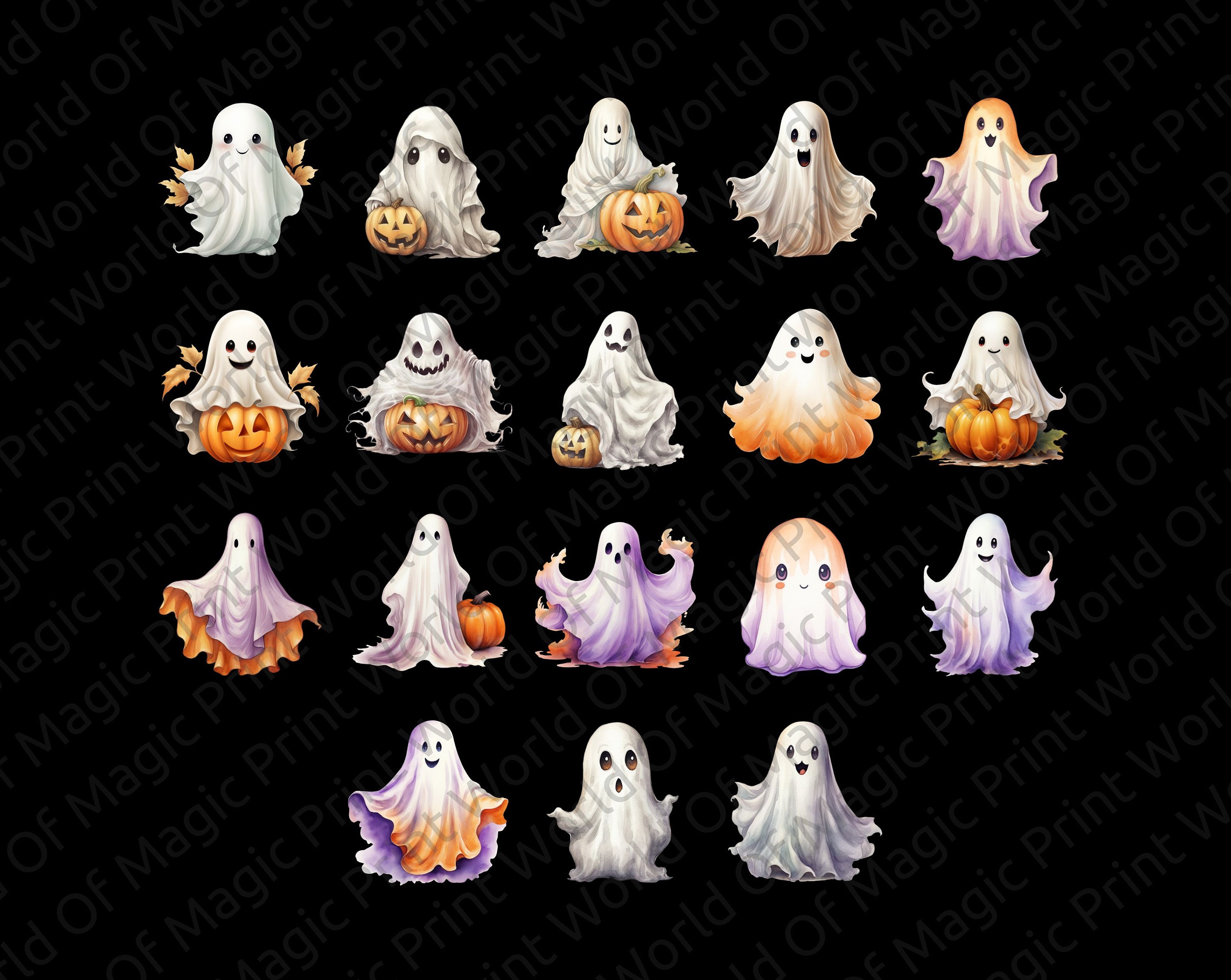 Cute Halloween Ghost Clipart 18 PNG Watercolor Ghost Clip Art Bundle ...
