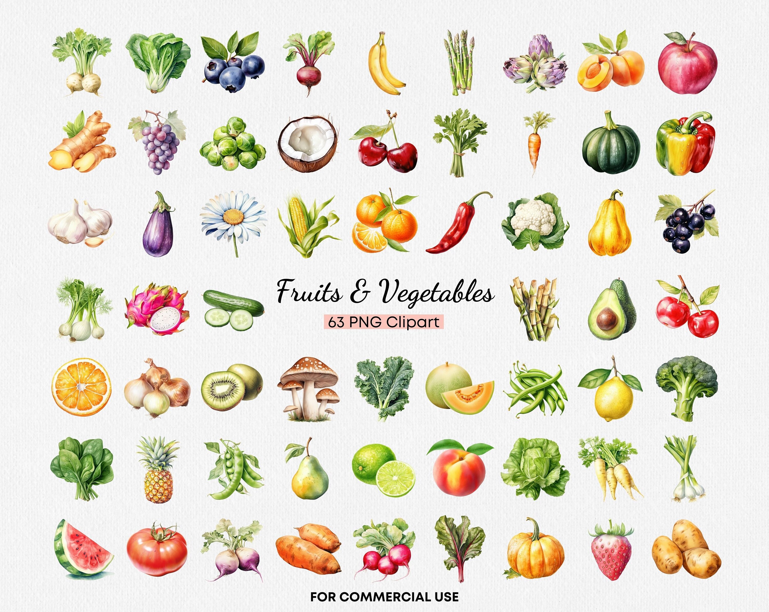 Fruits & Vegetables Clipart, 63 High Quality PNG Watercolor Food Clip ...
