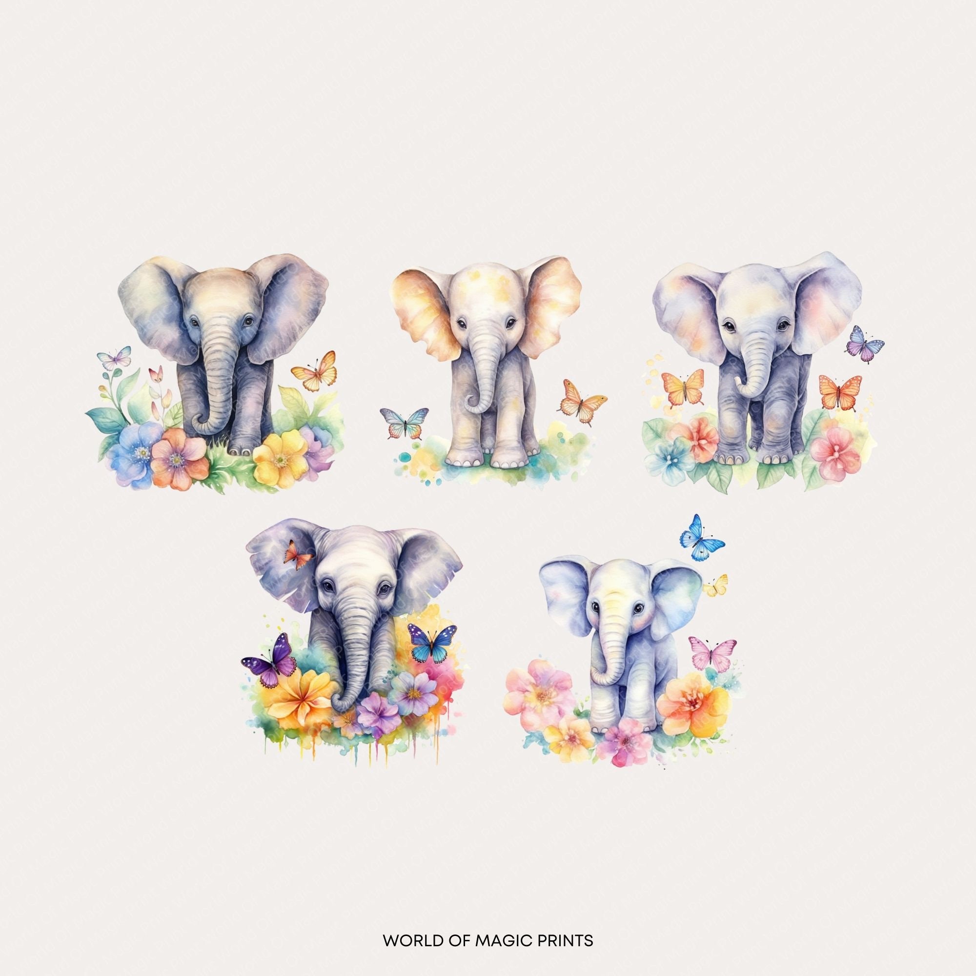 Baby Elephant PNG, 12 High Quality Watercolor Floral Clipart, Cute ...