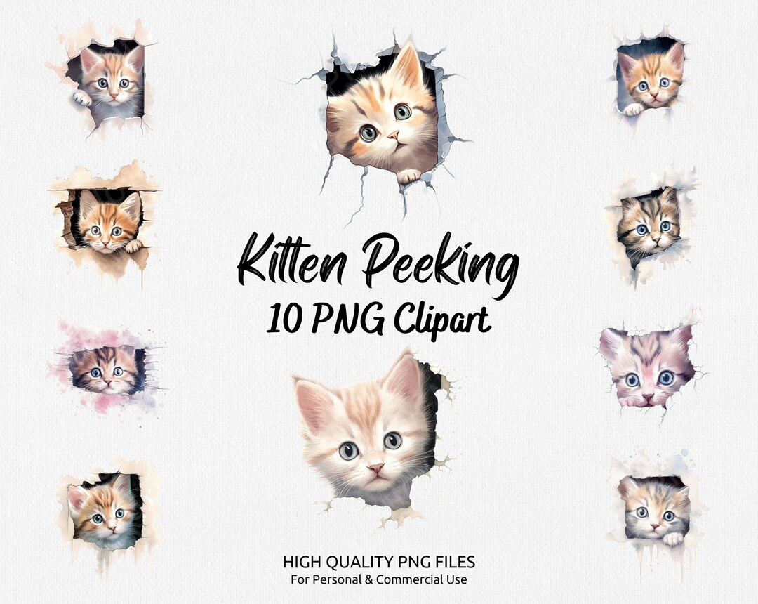 Peeking Cat Clipart Commercial Use, Cute Watercolor Cat Clip Art, 10 ...