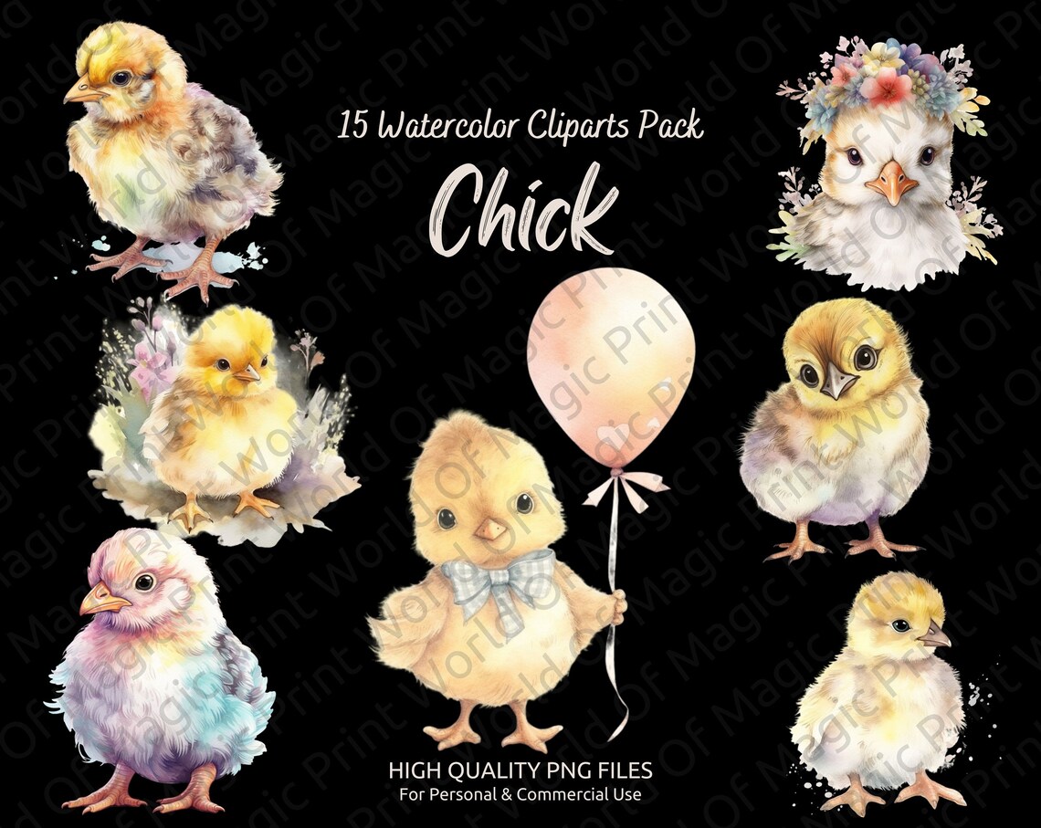 Pastel Watercolor Chick Clipart, Cute Baby Chicken, 15 PNG Files for ...
