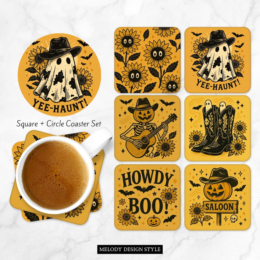 Howdy Boo Ghost Coasters, Yee‑haunt Cowboy Ghost Drink Coasters, Spooky ...