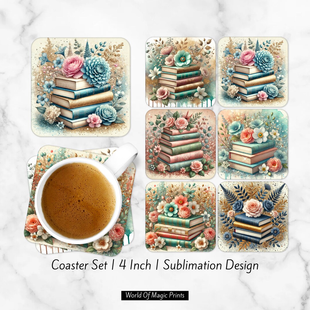 Watercolor Fantasy Books Coaster PNG Book Stack Sublimation Bundle ...