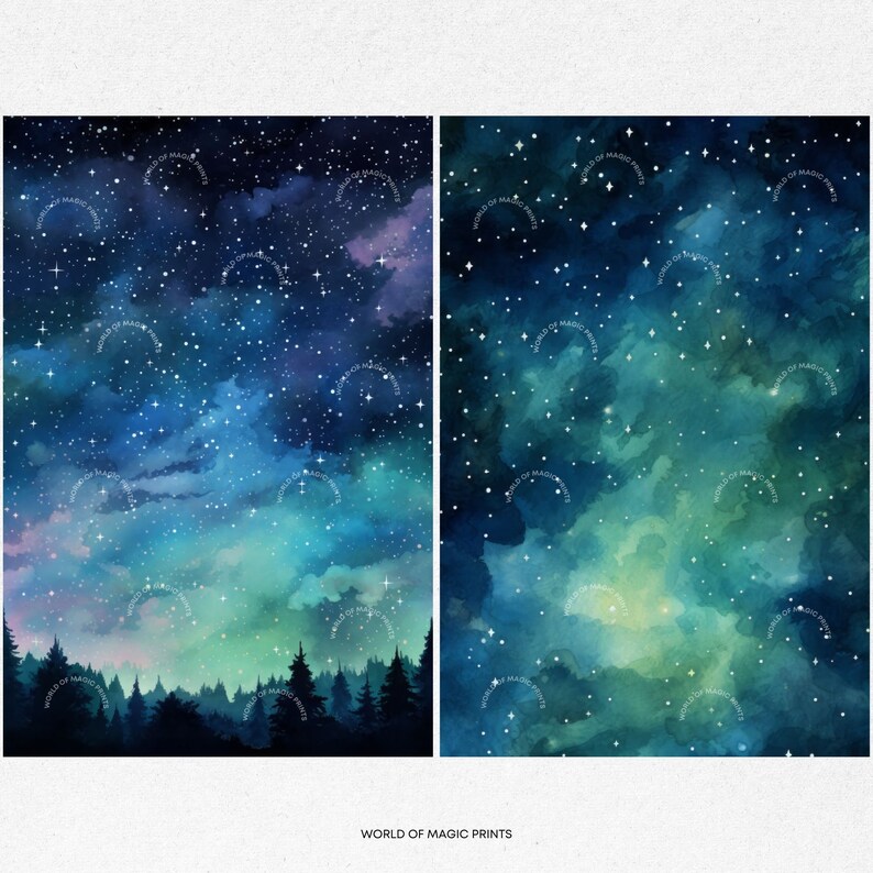 Night Sky Digital Paper, Watercolor Turquoise Night Sky Landscape ...