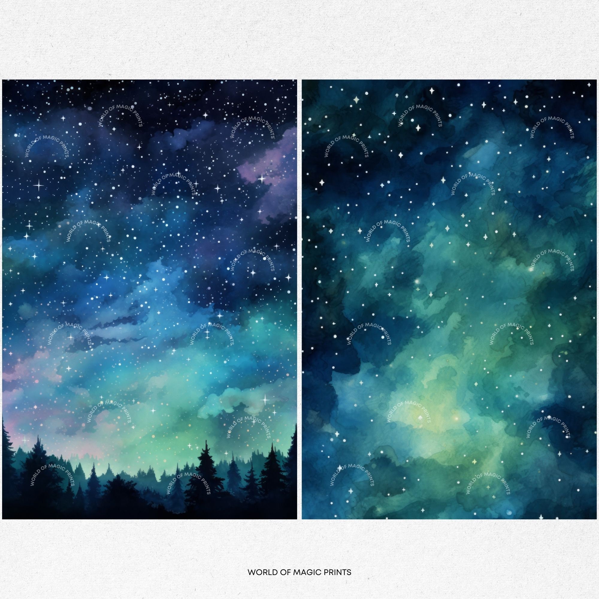 Night Sky Digital Paper, Watercolor Turquoise Night Sky Landscape ...