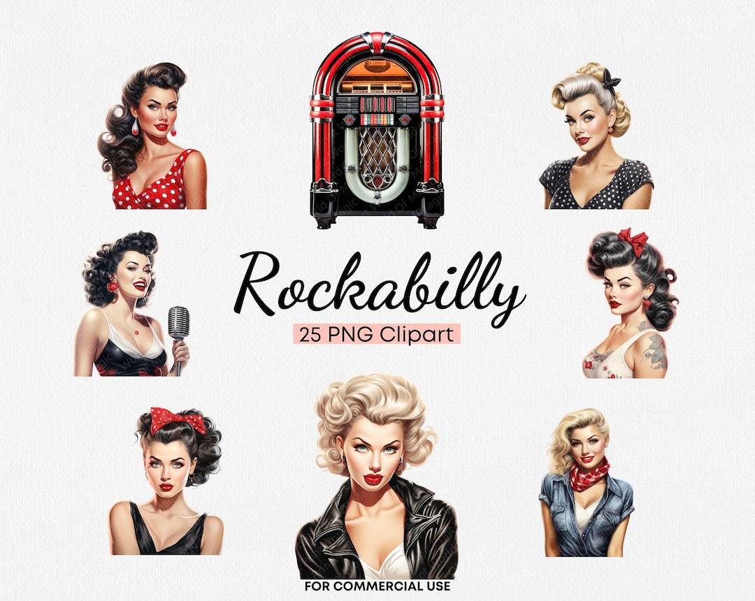 Rockabilly Girl Clipart for Commercial Use 25 PNG Retro Watercolor ...