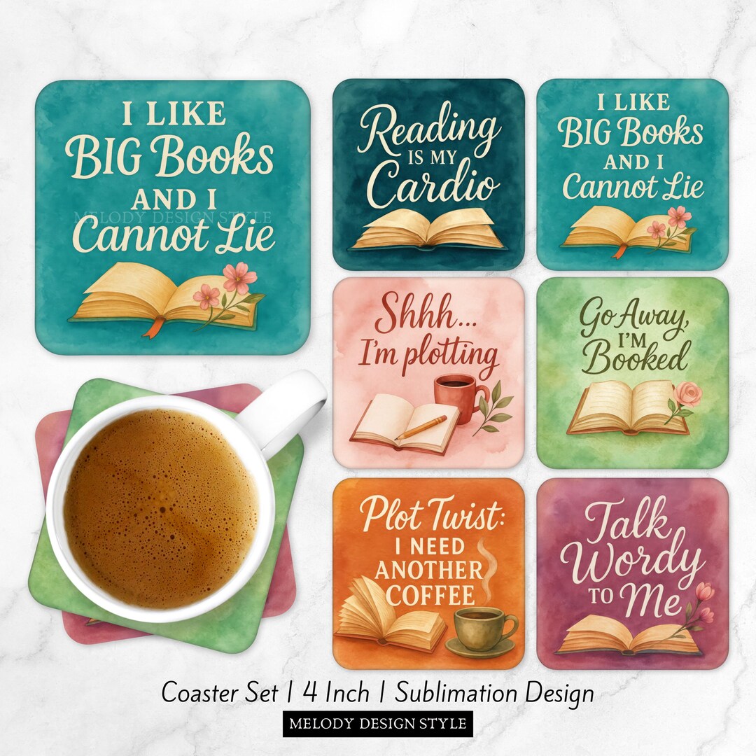 Book Lover Coaster Set, Funny Coffee Coasters Sublimation Design ...