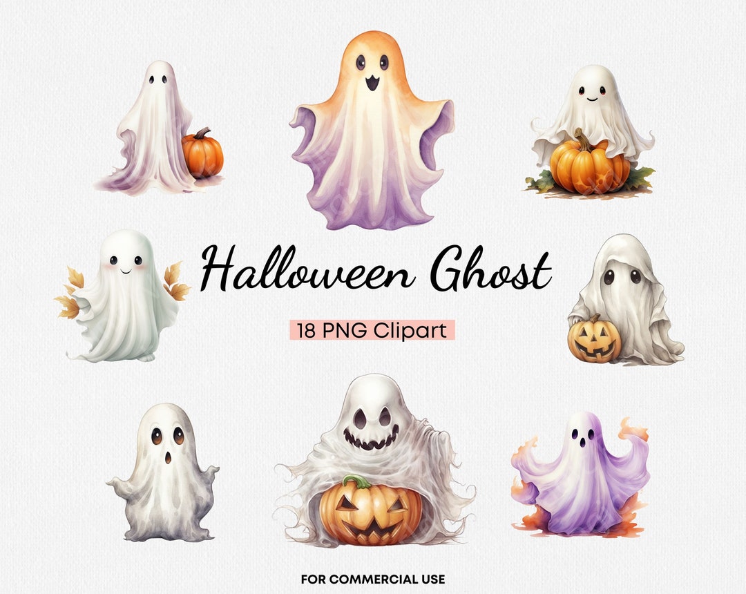 Cute Halloween Ghost Clipart | 18 PNG Watercolor Ghost Clip Art Bundle ...