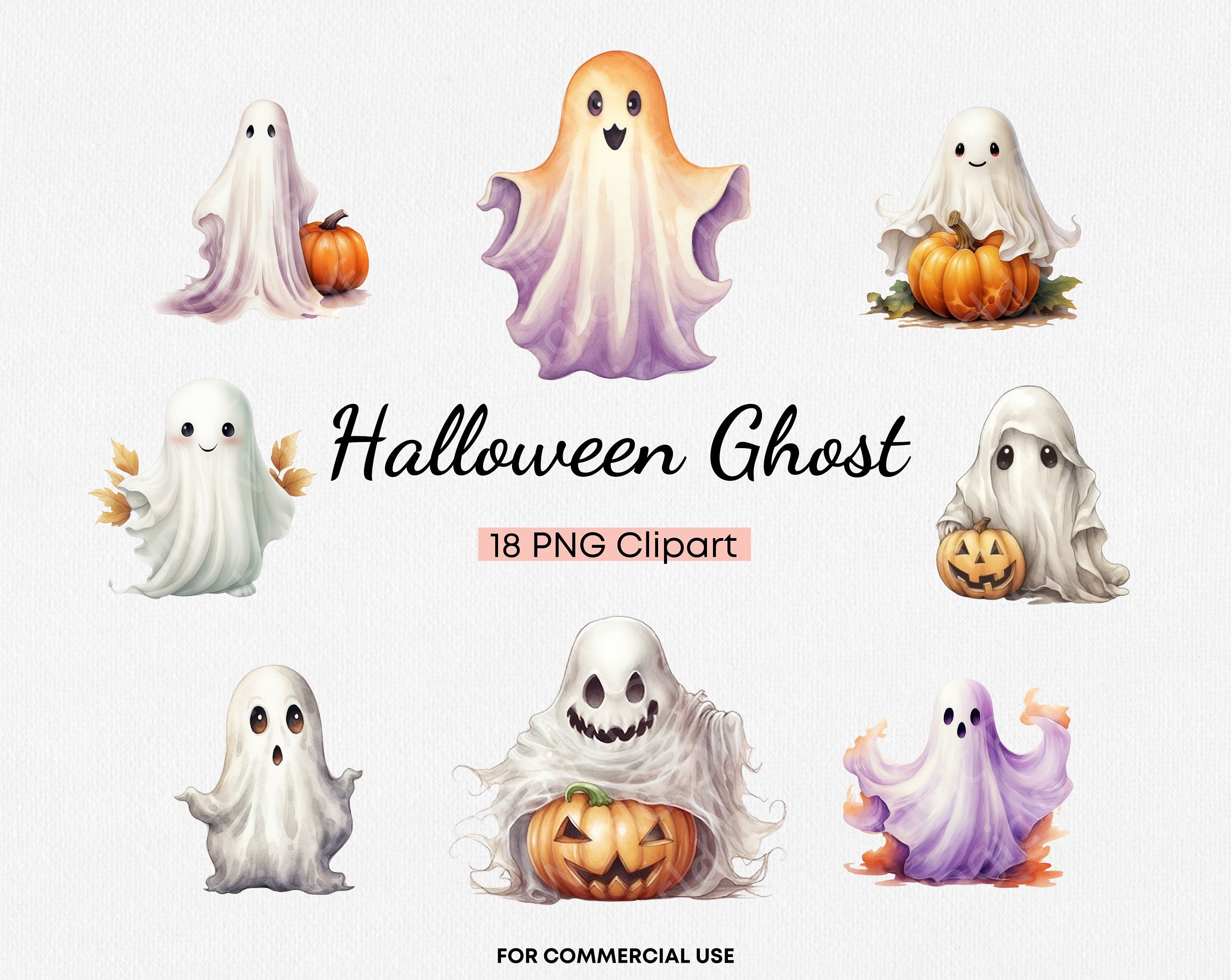 Cute Halloween Ghost Clipart 18 PNG Watercolor Ghost Clip Art Bundle ...