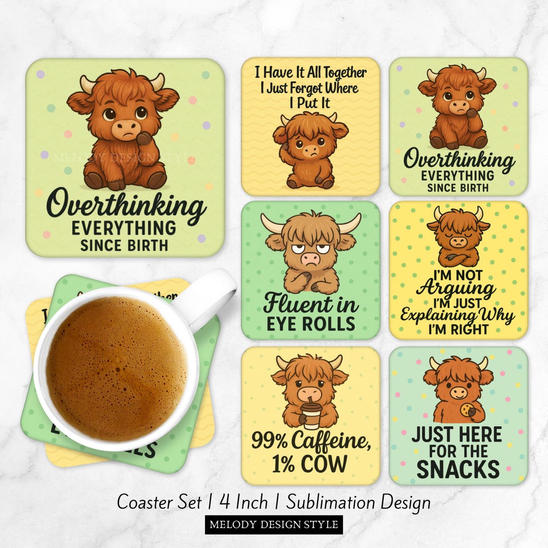 Funny Highland Cow Coaster Set Sublimation Design, Sarcastic Animal ...