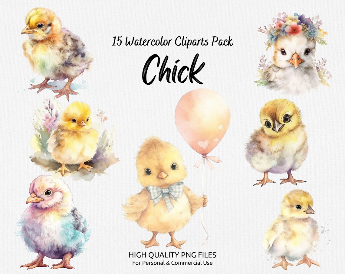 Pastel Watercolor Chick Clipart, Cute Baby Chicken, 15 PNG Files for ...