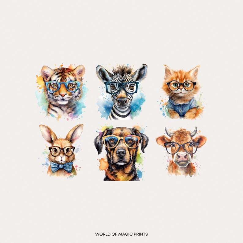 Watercolor Animal With Glasses Clipart | 13 High Quality PNG, Cute ...