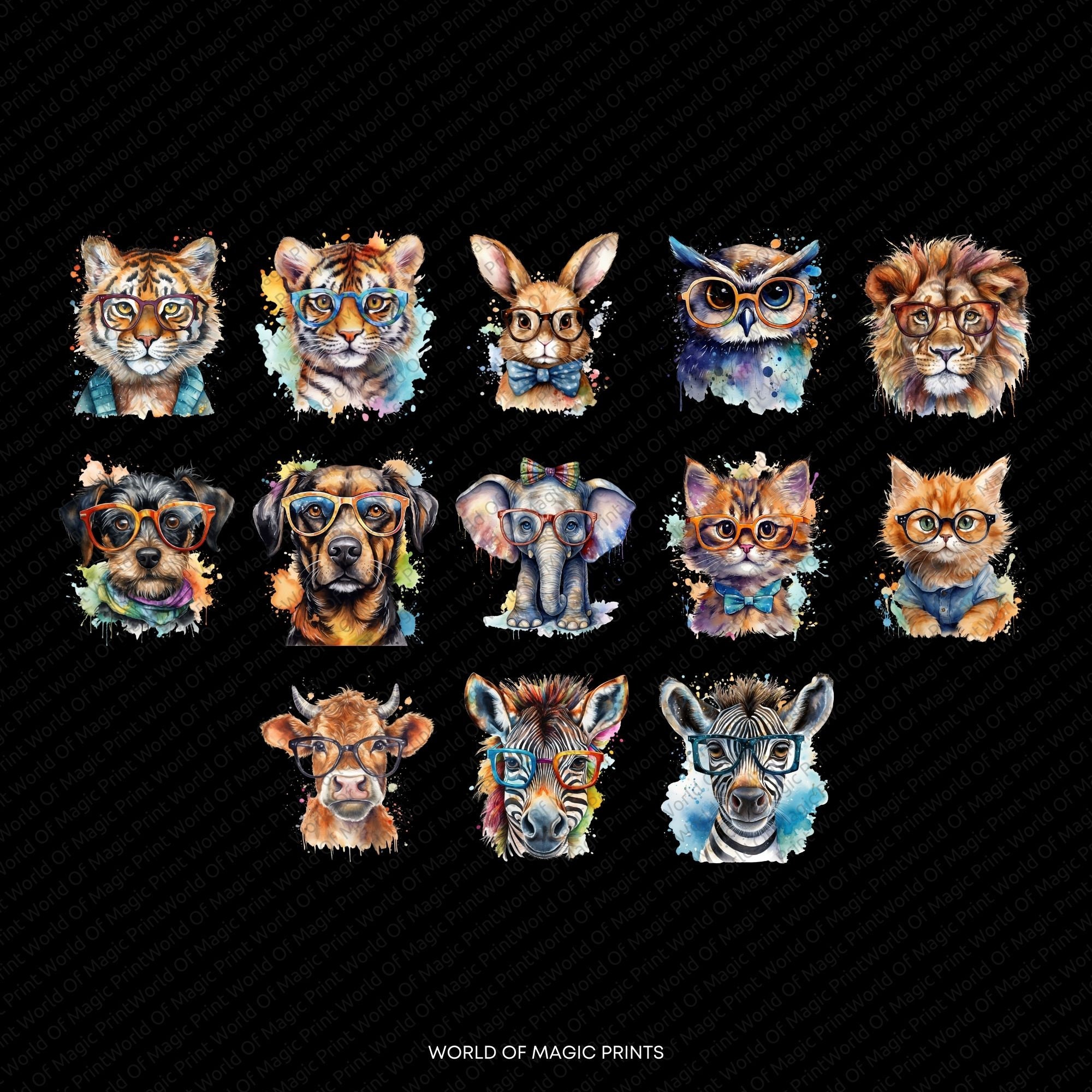 Watercolor Animal With Glasses Clipart | 13 High Quality PNG, Cute ...