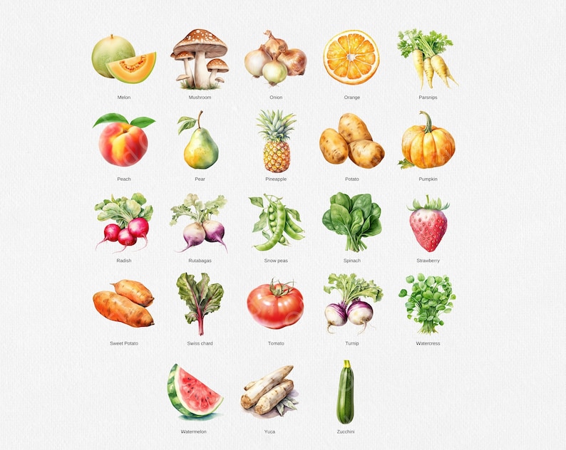 Fruits & Vegetables Clipart, 63 High Quality PNG Watercolor Food Clip ...