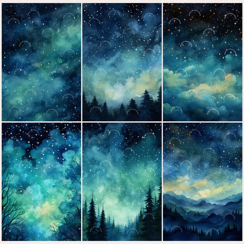 Night Sky Digital Paper, Watercolor Turquoise Night Sky Landscape ...