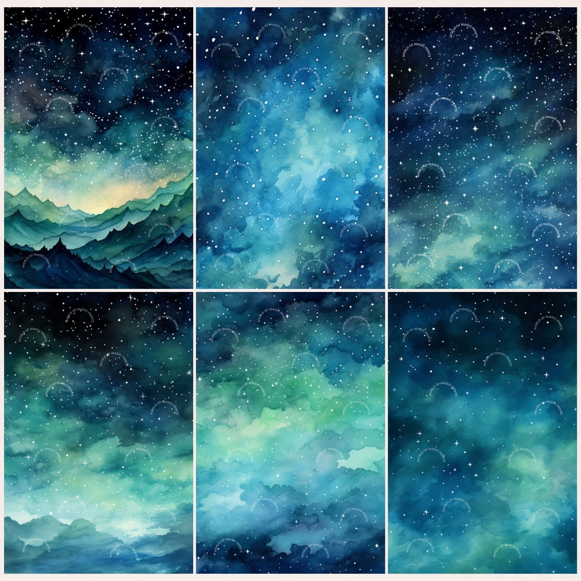 Night Sky Digital Paper, Watercolor Turquoise Night Sky Landscape ...