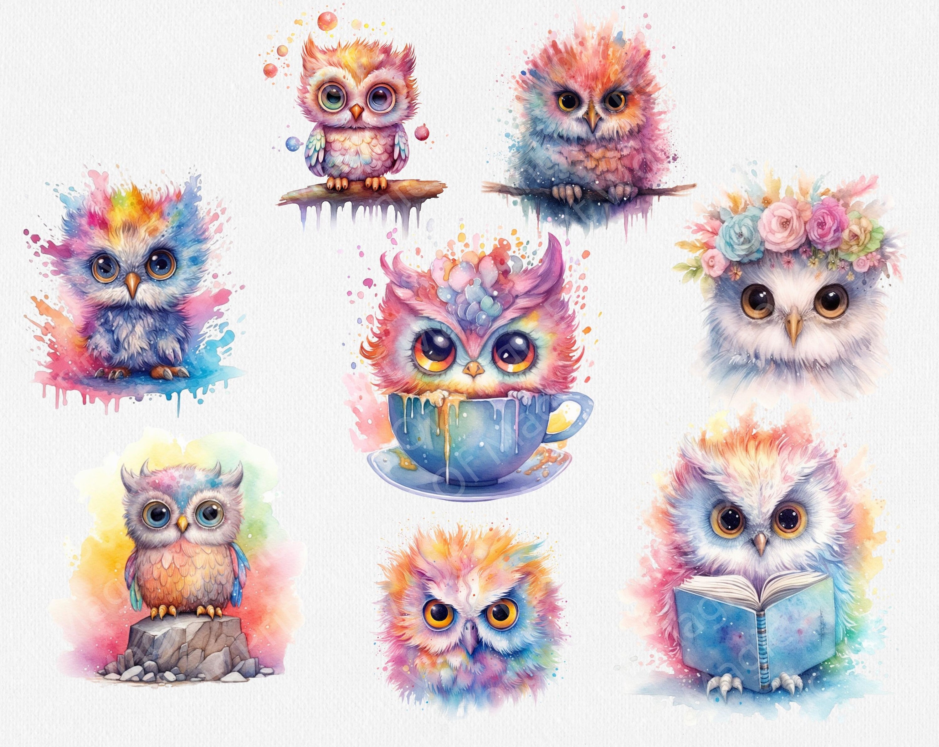 Pastel Owl Colorful Clipart 15 PNG Watercolor Cute Owl on Transparent ...
