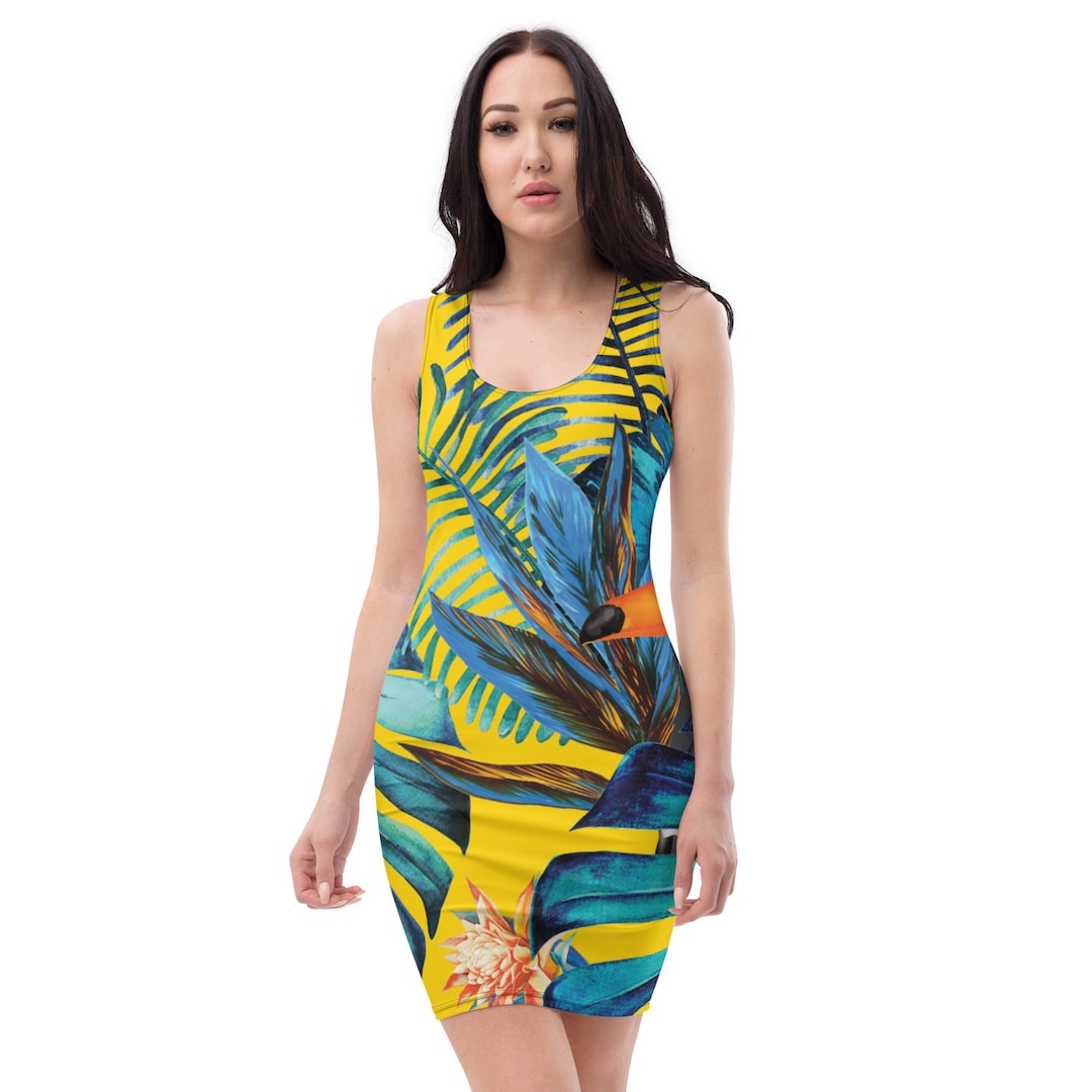 Vibrant Tropical Palm Leaves Dress, Yellow and Blue Tropical Dress ...