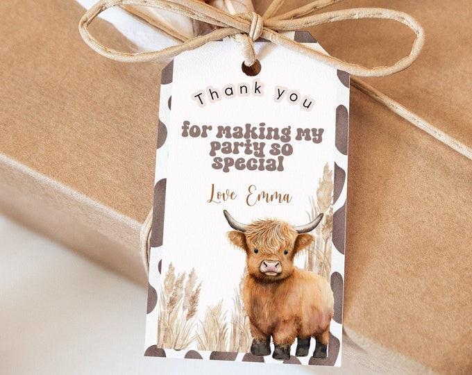 Editable Highland Cow Gift Tags, Birthday Party Favors, Baby Shower ...